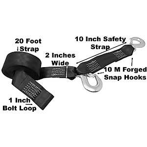 CustomTieDowns 2 Inch Wide Replacement Boat Winch Strap, Boat Hook On One End, 10 Inch Safety Strap with A Forged Snap Hook, 1 Inch Loop On Opposite End for Attachment to Winch, 1333 lb WLL (20 Feet.)