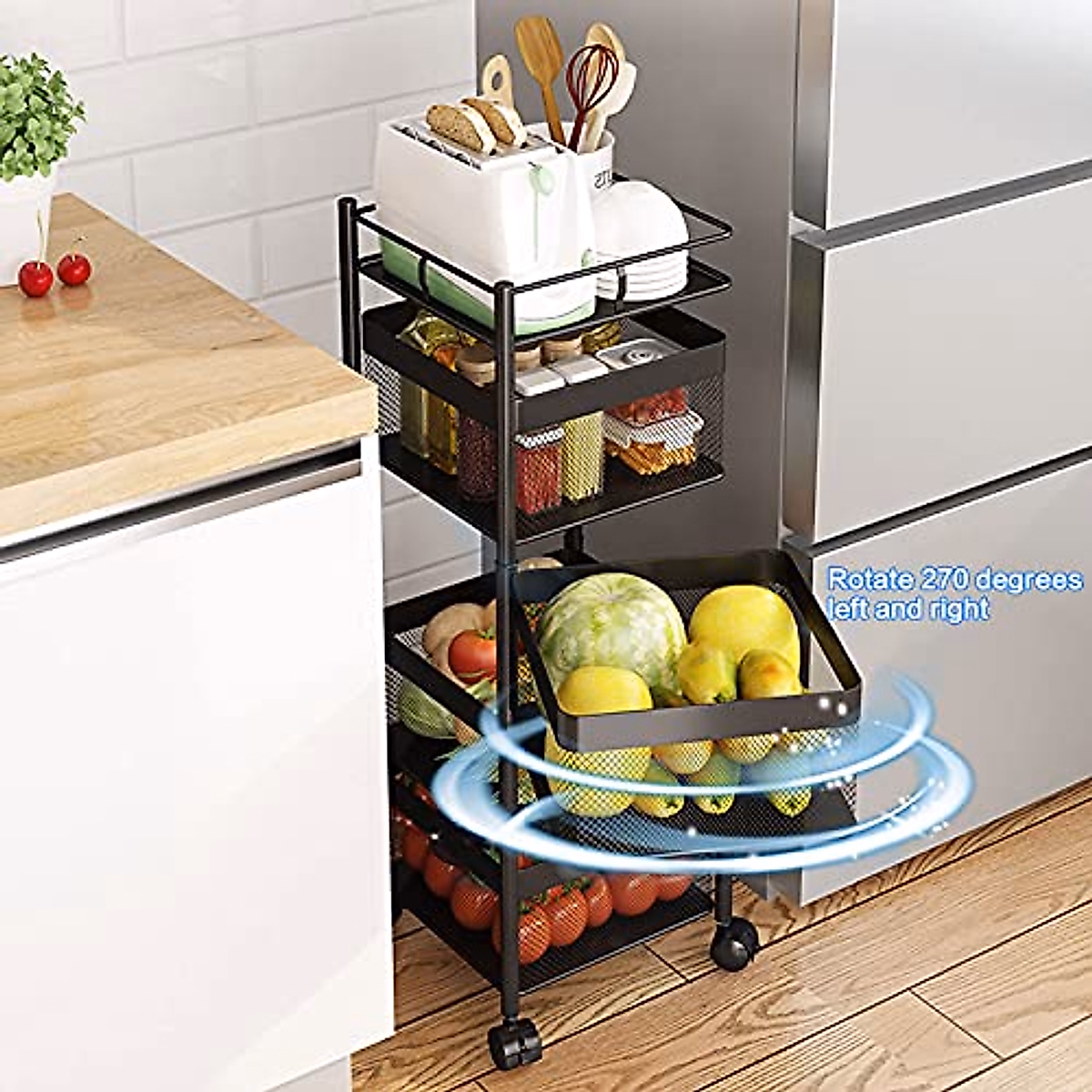LOYALHEARTDY 5-Tier Storage Cart Kitchen Storage Rack Rotatable Mesh Wire Basket Shelf Fruit Vegetable Storage Multifunctional Rolling Utility Cart with Wheels for Kitchen, Pantry, Bathroom, Office