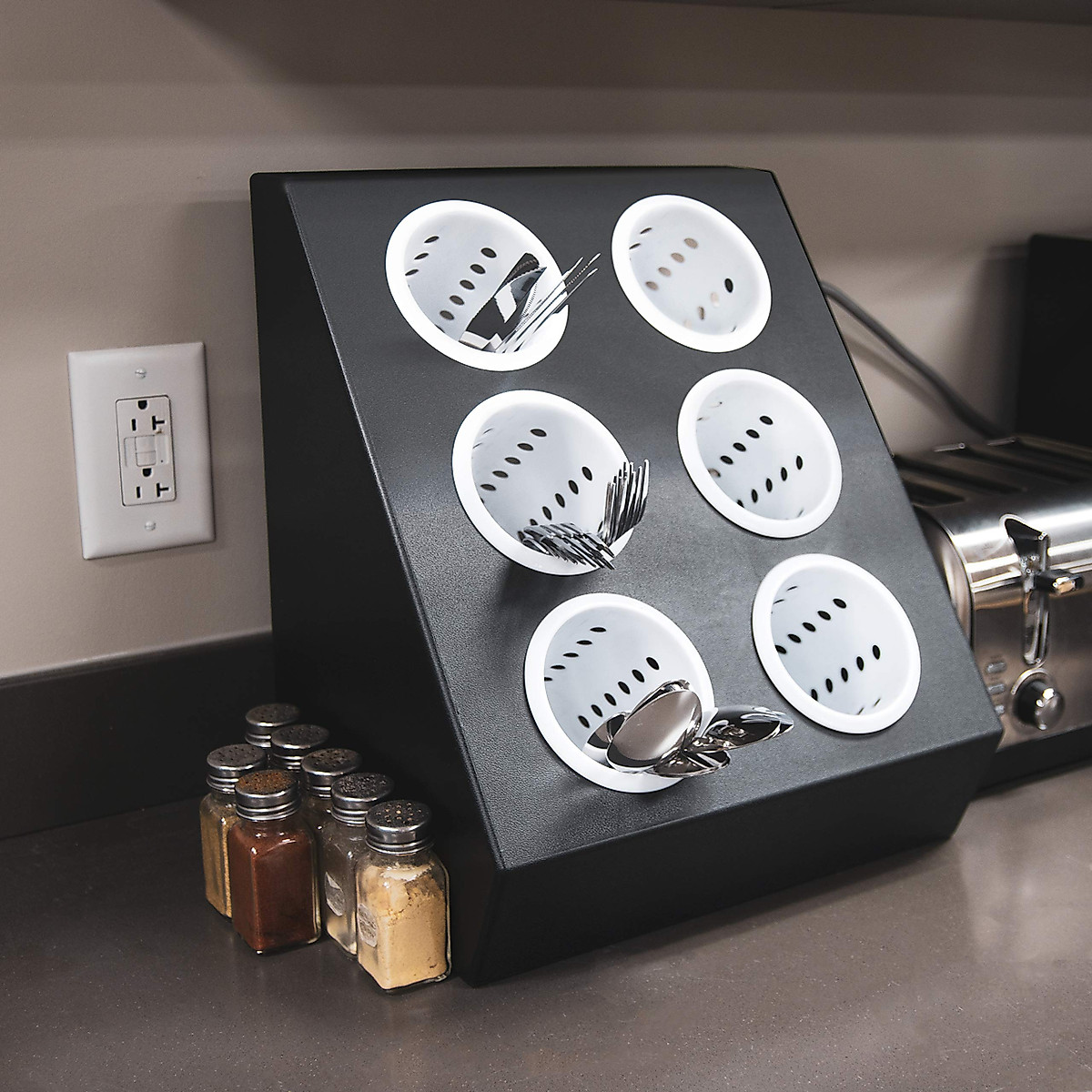 6-Compartment Restaurant Utensil Holder (6 Inserts Included) - Flatware Cylinder Storage Caddy & Cups for Kitchen, Bars, Coffee Shops, Restaurants, & Hotels - Drying Rack for Silverware