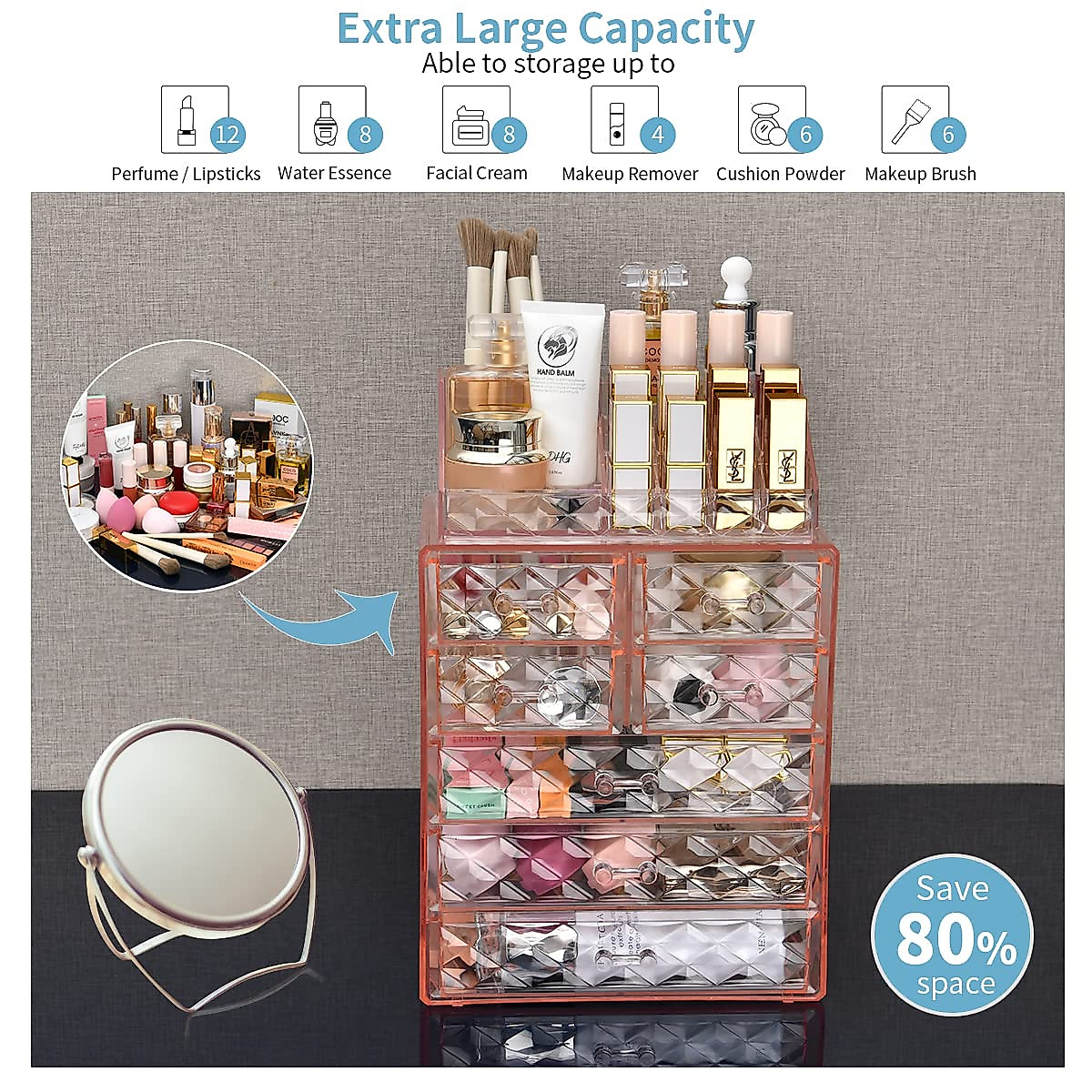 COMVTUPY Clear Makeup Organizer with Brush Holder, Large Acrylic Cosmetic Display Jewelry & Make Up Organizers and Storage for Vanity, Bathroom (3 Large, 4 Small Drawers, Diamond Pink)