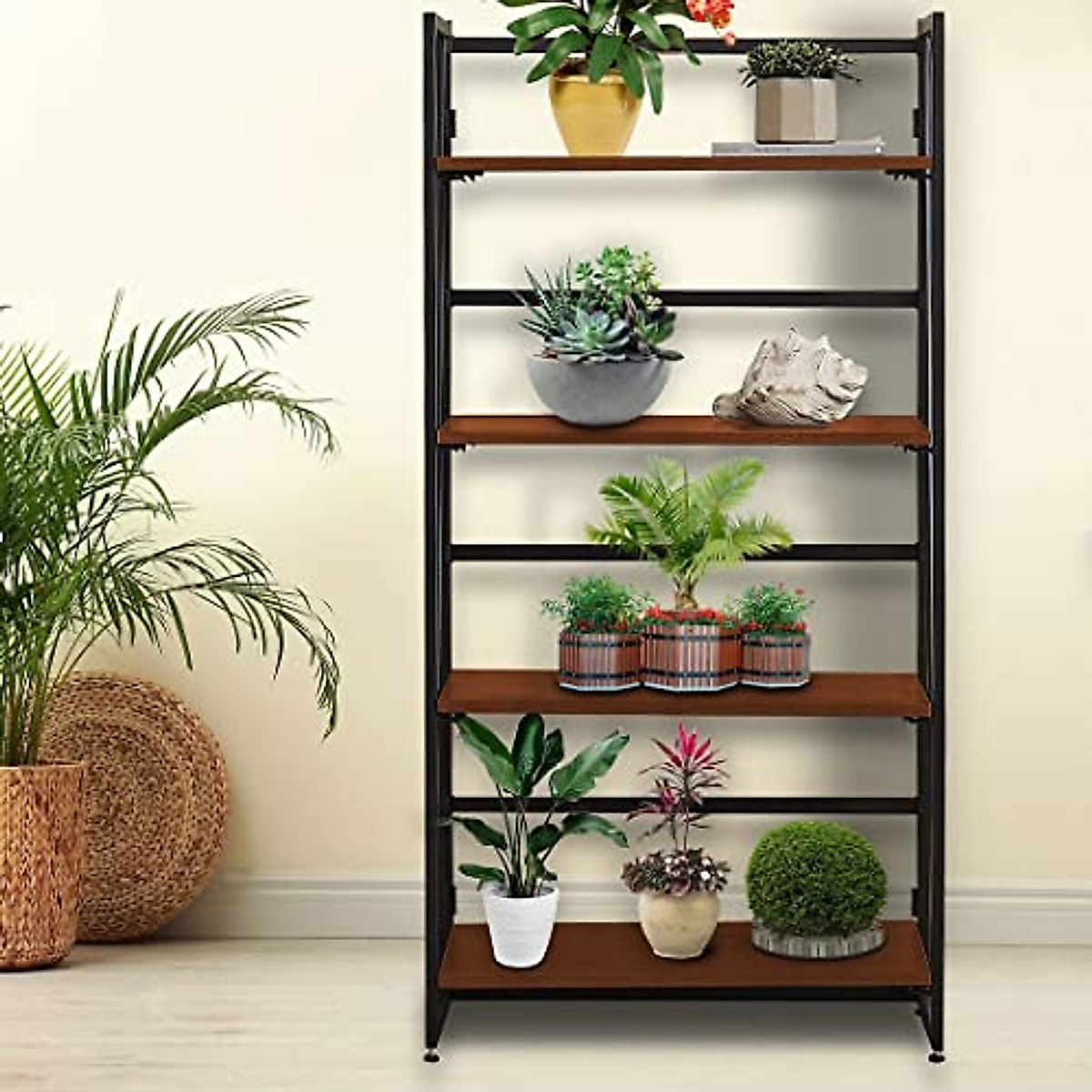 Halter 4-Tier Industrial Bookshelf Standing Shelving Unit Folding Book Shelf Organizer Wood Bookshelf Shelves for Living Room Office or Bedroom 2 Pack Brown