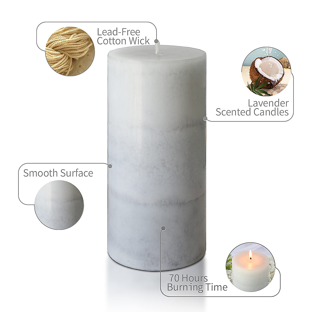 CRYSTAL CLUB White Pillar Candles, Aromatherapy Scented Candles, Set of 3 Tall 3x6 Inch Rustic Grey Candles, Clean Burning and Dripless Candle Lights, Creamy Coconut Scented for Home Décor