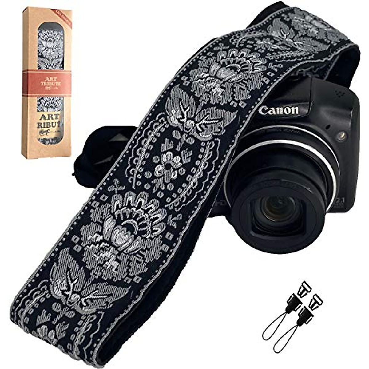 Art Tribute Camera Strap Royal Silver & Black Woven For All DSLR Camera. Embroidered Elegant Universal Neck & Shoulder Strap, Unique Pattern, Best Gift for Men & Women Photographers