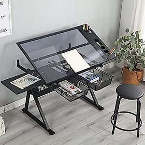 Lamerge Glass Drafting Table with Stool, Drawing Desk for Adults/Artists 2 Storage Drawers,Height Adjustable 0-75° Tilting Home Office, Black (Drafting Table001)