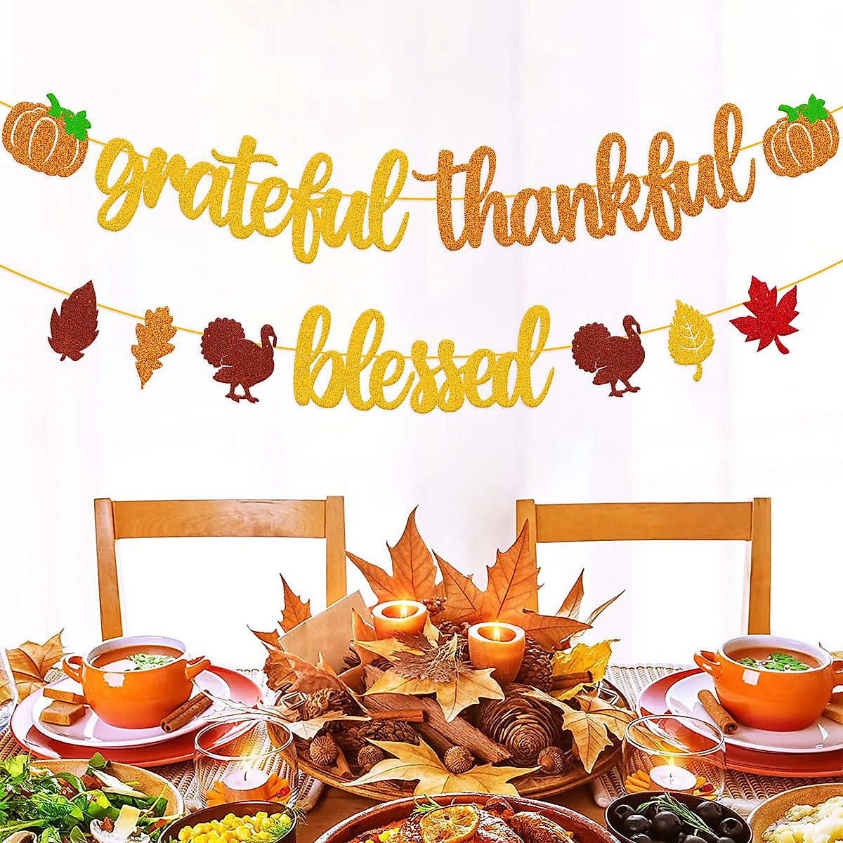 Grateful Thankful Blessed Banner Fall Autumn Leaves Turkey Thanksgiving Day Theme for Happy Thanksgiving Party Supplies Glitter Gold Decorations