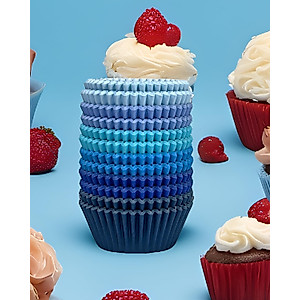 qiqee 300 Counts Cupcake Liners Cupcake Cups Food Grade 6 Solid Blue Colors Cupcake Papers Muffin Baking Cups Cupcake Wrappers (Standard Size)