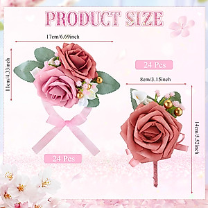 Ceenna Rose Flower Wrist Corsage Boutonniere Set Handmade Floral Wristlet Band Bracelet Bridegroom Men's Boutonniere Wedding Wristlet Hand Flower for Prom Party Bouquets, Dark Pink(Stylish, 48 Pcs)