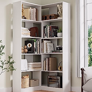 Cozy Castle 78" Tall Corner Bookcase,5 Tier Corner Bookshelf with L Shaped Design, Modern Display Corner Shelves for Living Room, Bedroom and Office, White