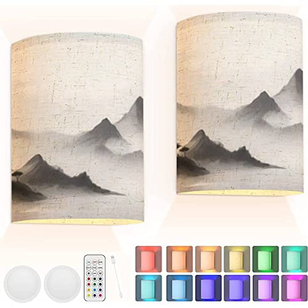 CAKOJV188 Battery Operated Wall Sconces Wireless Wall Lamp Fixtures Chinese Landscape Ink Painting Dimmable Wall Lights for Bedroom Living Room Hallway Set of 2
