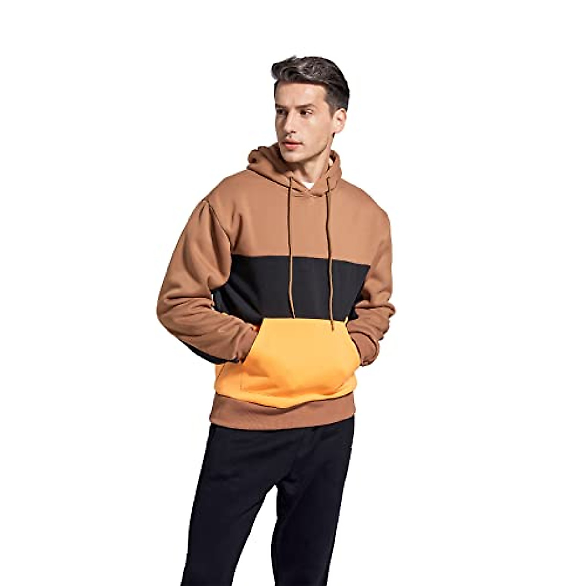 Rusaevon Men's Fleece Pullover Hoodie Sweatshrits Drawstring Hooded Color Block Hoody for Men with Kangaroo Pocket Brown X-Large