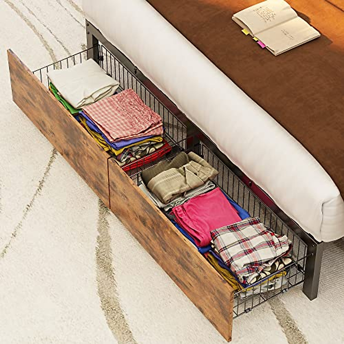IRONCK Full Bed Frame with Storage Drawer, Platform Bed Frame Queen Size Wooden Board Decor, Strong Steel Slat Support, No Box Spring Needed, Space-Saving