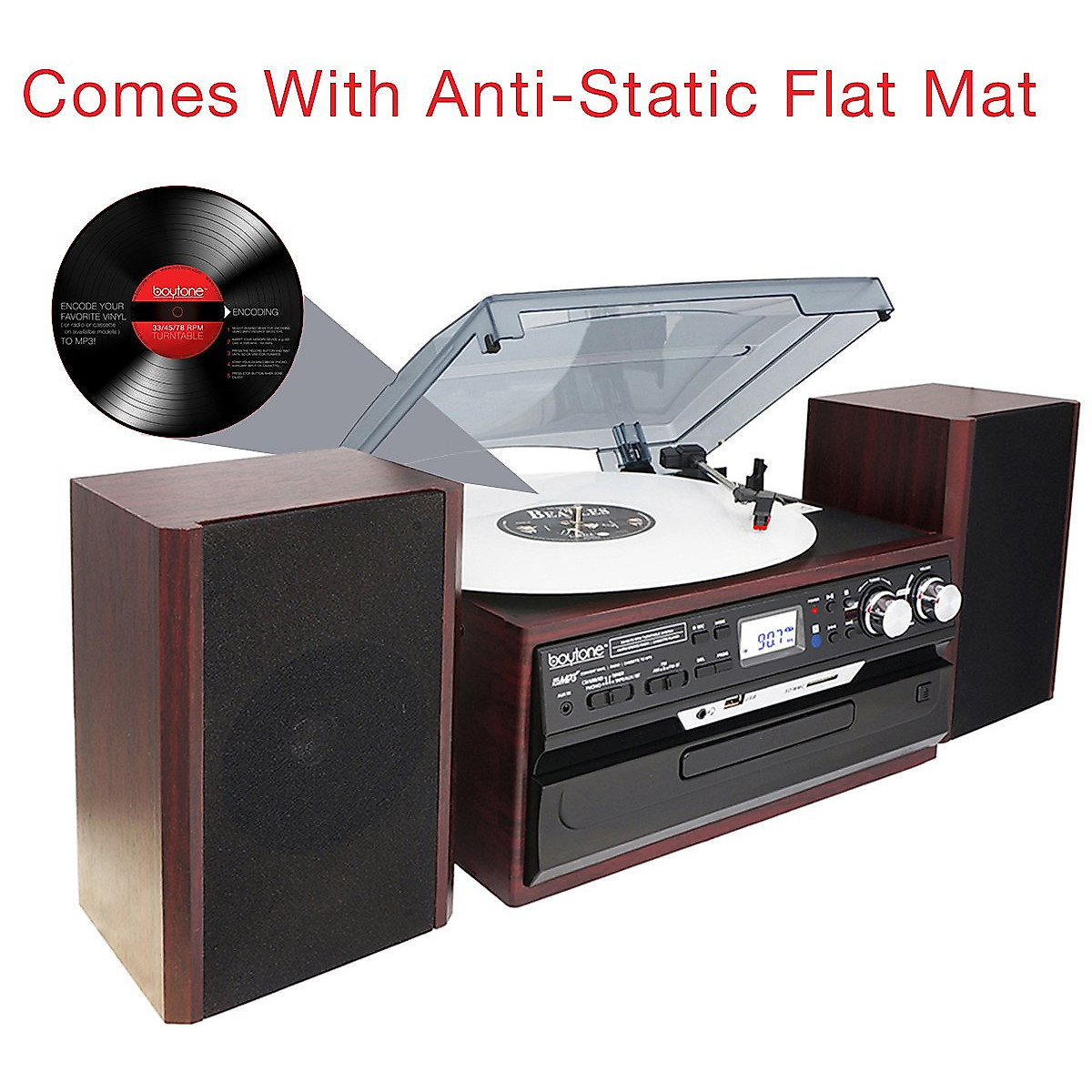 Boytone BT-24DJM Bluetooth Classic Style Record Player Turntable with AM/FM, CD/Cassette Player, Separate Stereo Speakers, Record from Vinyl, Radio, Cassette to USB with MP3 format, SD Slot, USB, AUX.