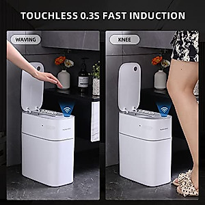 MOPALL Small Bathroom Trash Cans with Lids,Motion Sensor Bathroom Trash Can,Narrow Waterproof Plastic 3.5 Gallon Automatic Adsorption Touchless Garbage Can,White