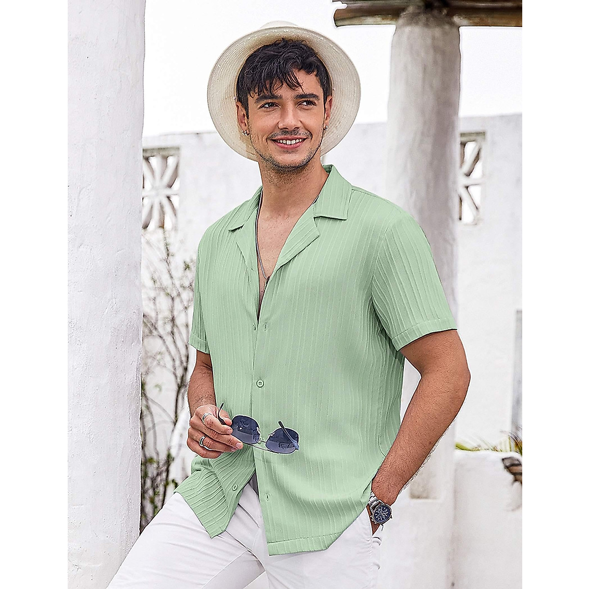 COOFANDY Button Down Shirt Men Button Down Short Sleeve Shirt Button Up Shirts for Men Linen Shirts for Men Summer Beach Shirt Light Green - M