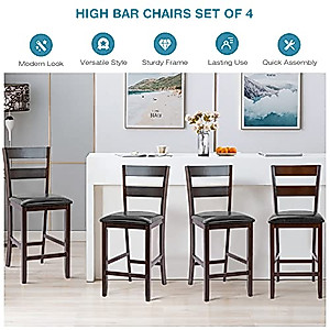 COSTWAY Set of 4 Bar Stools, 25” Counter Height Kitchen Dining Pub Chairs with Soft Padded Seat, PU Leather Cover & Rubber Wood Legs, Suitable for Dining Room, Restaurant & Cafe Store (4)