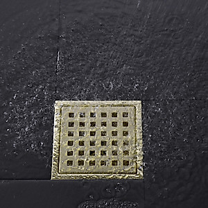 Orhemus 4 Inch Square Shower Drain with Adjustable Shower Drain Base Flange, SUS 304 Stainless Steel Floor Drain with Removable Cover Grid Grate, Brushed Gold Brass Finished