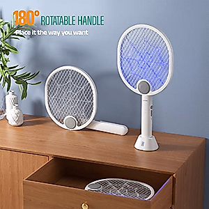 Buzbug Electric Fly Swatter, Type-C Rechargeable Bug Zapper Racket with Charging Base, Foldable Bug Zapper for Indoor and Outdoor, Mosquito Swatter with Blue-Purple Working Light