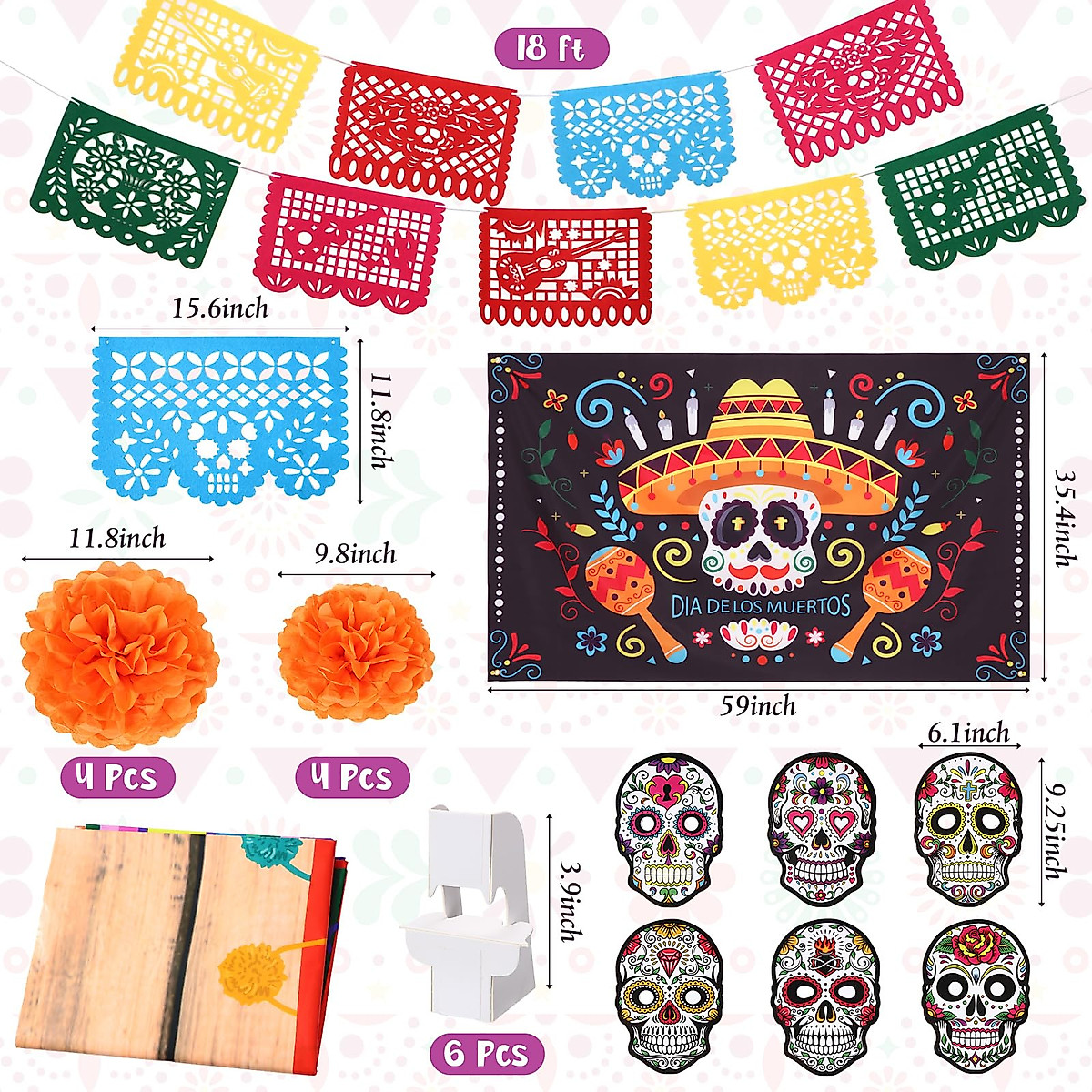 Buryeah 23 Pcs Halloween Day of The Dead Trunk or Treat Car Decorations Kit Dia De Los Muertos Themed Car Decor Mexican Serape Marigold Flower Heads Cutouts Background for Car Trunk