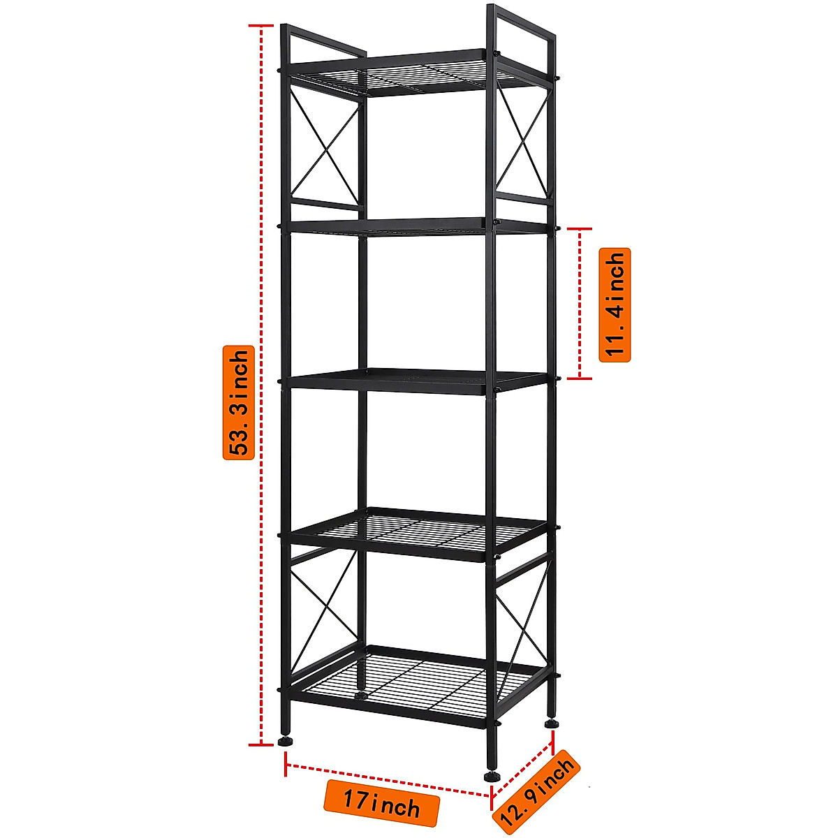YOHKOH 5 Tier Metal Storage Rack Closet Shelves,Standing Storage Shelf Units for Laundry Bathroom Kitchen Pantry Closet(Black,17.0L x 12.9W x 53.3H)
