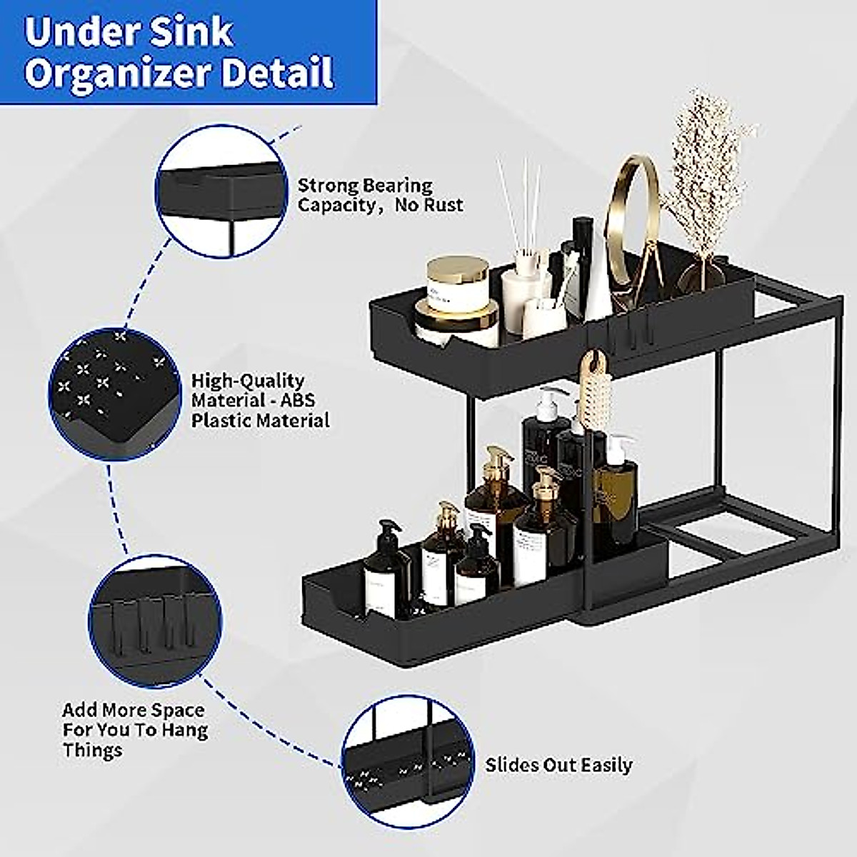 2 Pack Double Sliding Under Sink Organizers and Storage, Two Tier Bathroom Storage and organization, Under Cabinet Organizer with Hooks Hanging, Home Organization, Black