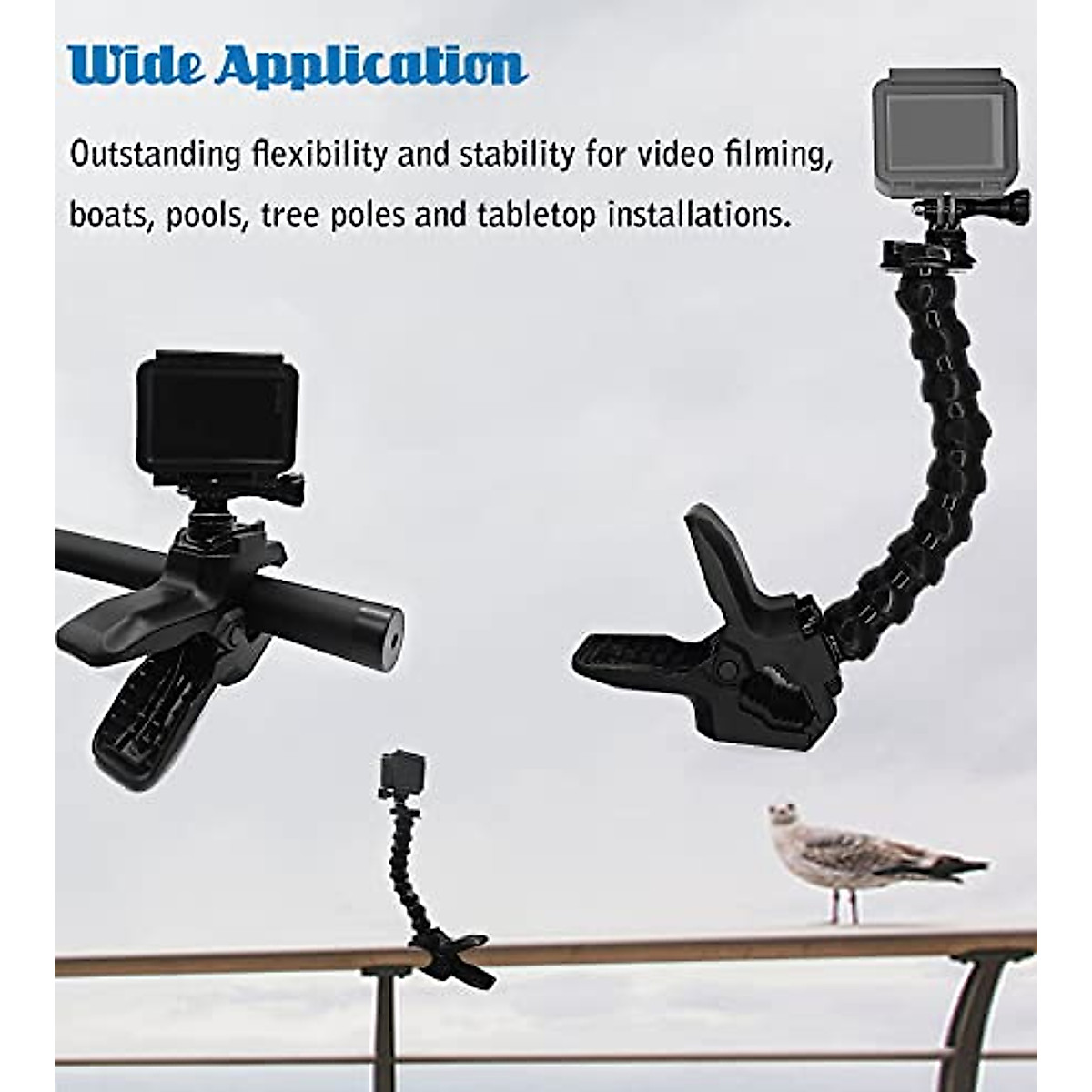 Niewalda Jaws Flex Clamp Mount with Adjustable Gooseneck, Upgrade Camera Mount Clamp with Cell Phone Holder & Rotation Base, Compatible with GoPro Hero All Series, DJI OSMO, Akaso, Action Cameras