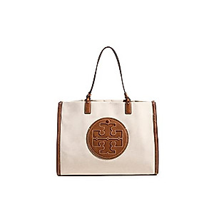 Tory Burch Women's Ella Canvas Tote, Natural/Classi Cuoio, Off White, Brown, One Size