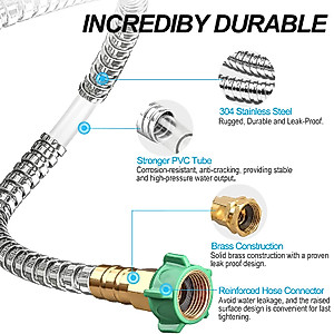Metal Garden Hose 100FT, Stainless Steel Heavy Duty Water Hose with Brass Nozzle, Sturdy and Lightweight, No Kink & Tangle, Easy to Use & Store, Suitable for Yard and Lawn