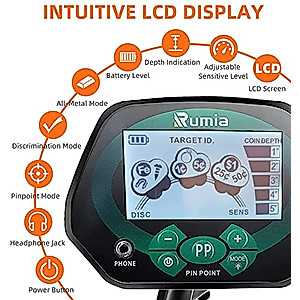 Rumia Professional Metal Detector for Adults & Kids, High Accuracy Adjustable Waterproof Gold Detector with Disc & Pinpoint & All Metal Mode, for Detecting Gold, Coin, Treasure Hunting