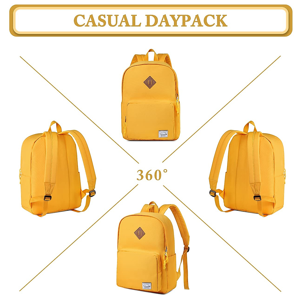 VASCHY School Backpack, Ultra Lightweight Backpack for Women Bookbag for Kids Teen Boys Girls Yellow