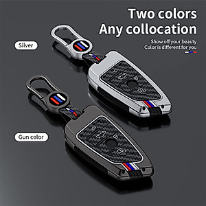 OLLEN Heavy Zinc Alloy Key Fob Cover, Fit for BMW 2 5 6 7 Series X1 X2 X3 X5 X6 GT Series, Full Protection Remote Fob Cover with Carbon Fiber Pattern, Blade Shape, Silver(1 Pcs)