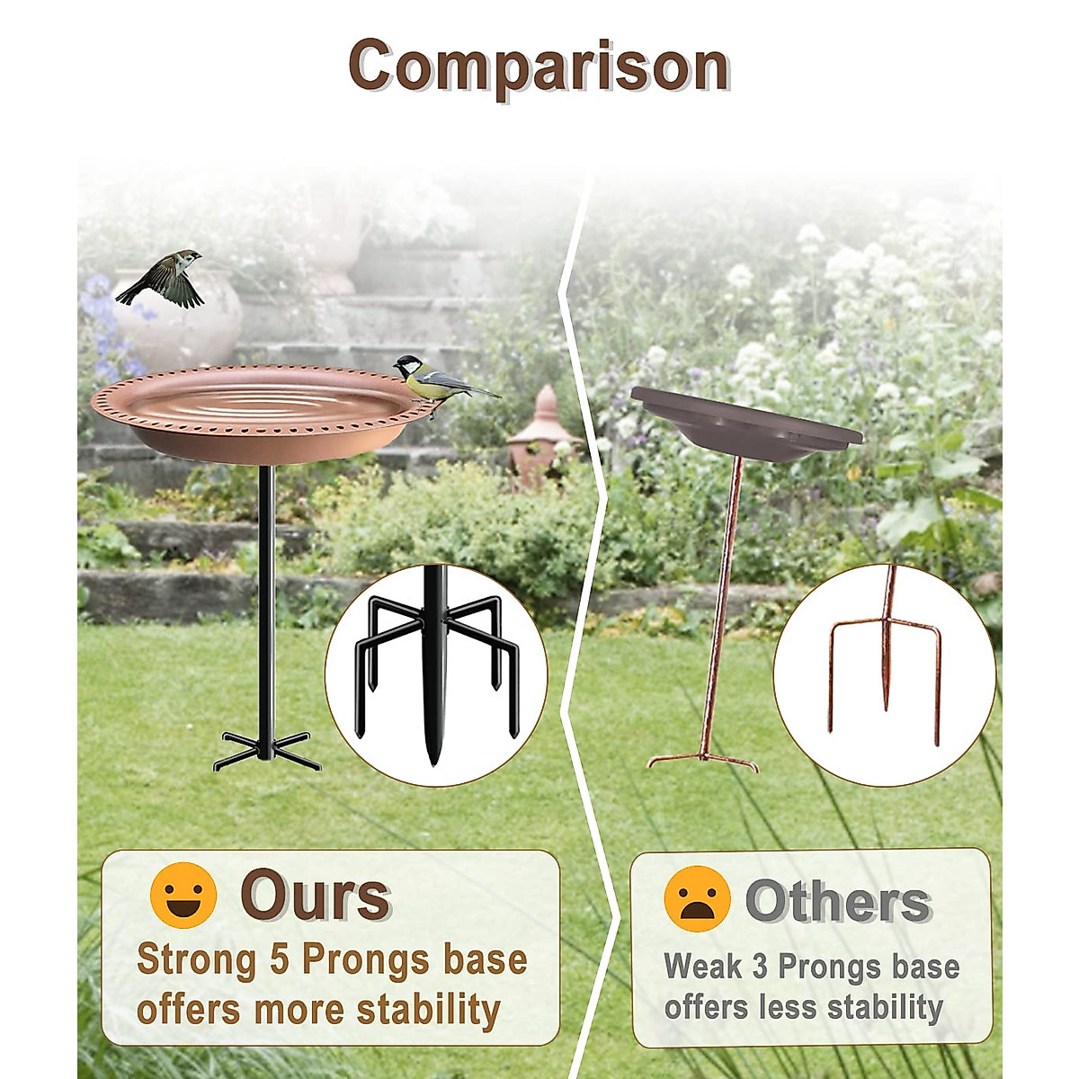 Garbuildman Upgraded 5-Prong Base Bird Bath with Metal Stake, Detachable Decoration Bowl Spa & Freestanding Birdfeeder for Outdoor Garden, Oval Style, Brown