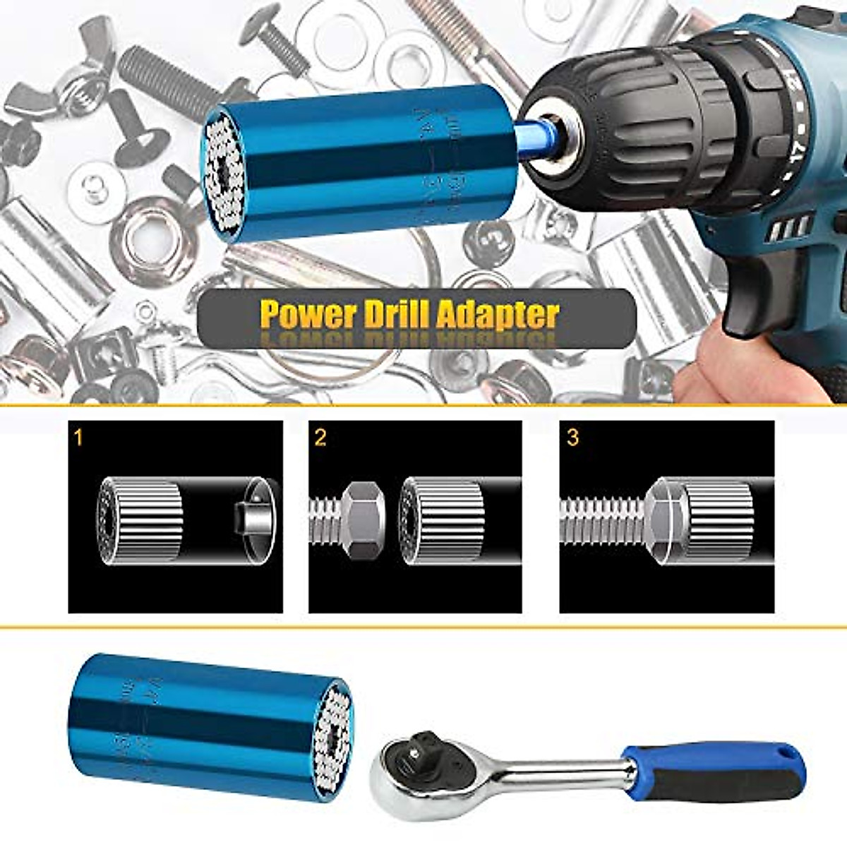 2 Sets Universal Wrench Socket Gifts for Men, 1/4 to 3/4 inch Universal Grip Ratchet Tool Sets with Power Drill Adapter, Best Unique Gadgets for Men Handy DIY Tools Dad Father Husband Boyfriend Him
