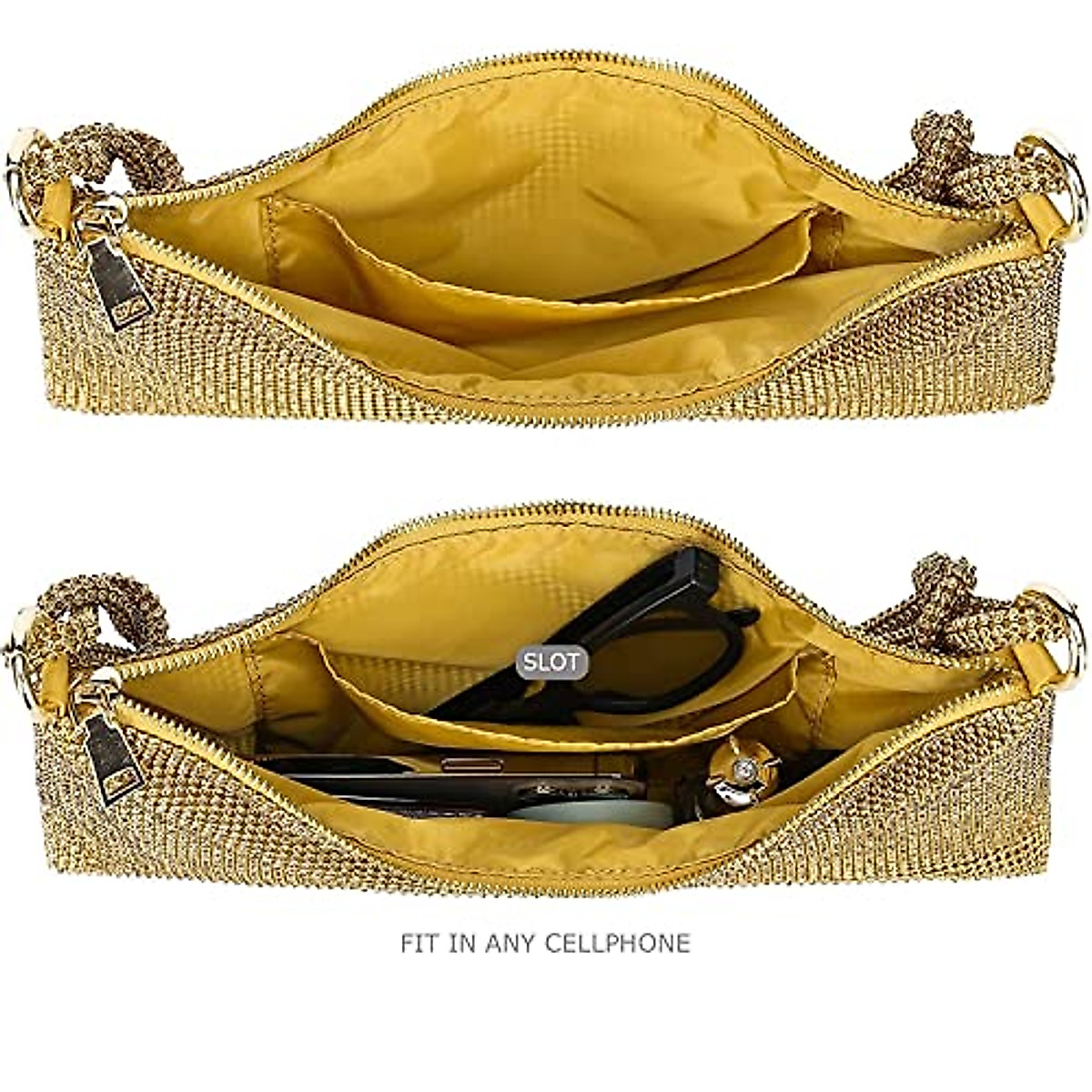 Rhinestone Hobo Bag for Women Chic Evening Handbag Shiny, Sparkly Crystal Handbag Shoulder Bags for Travel Vacation Party Proms Gifts (Gold)