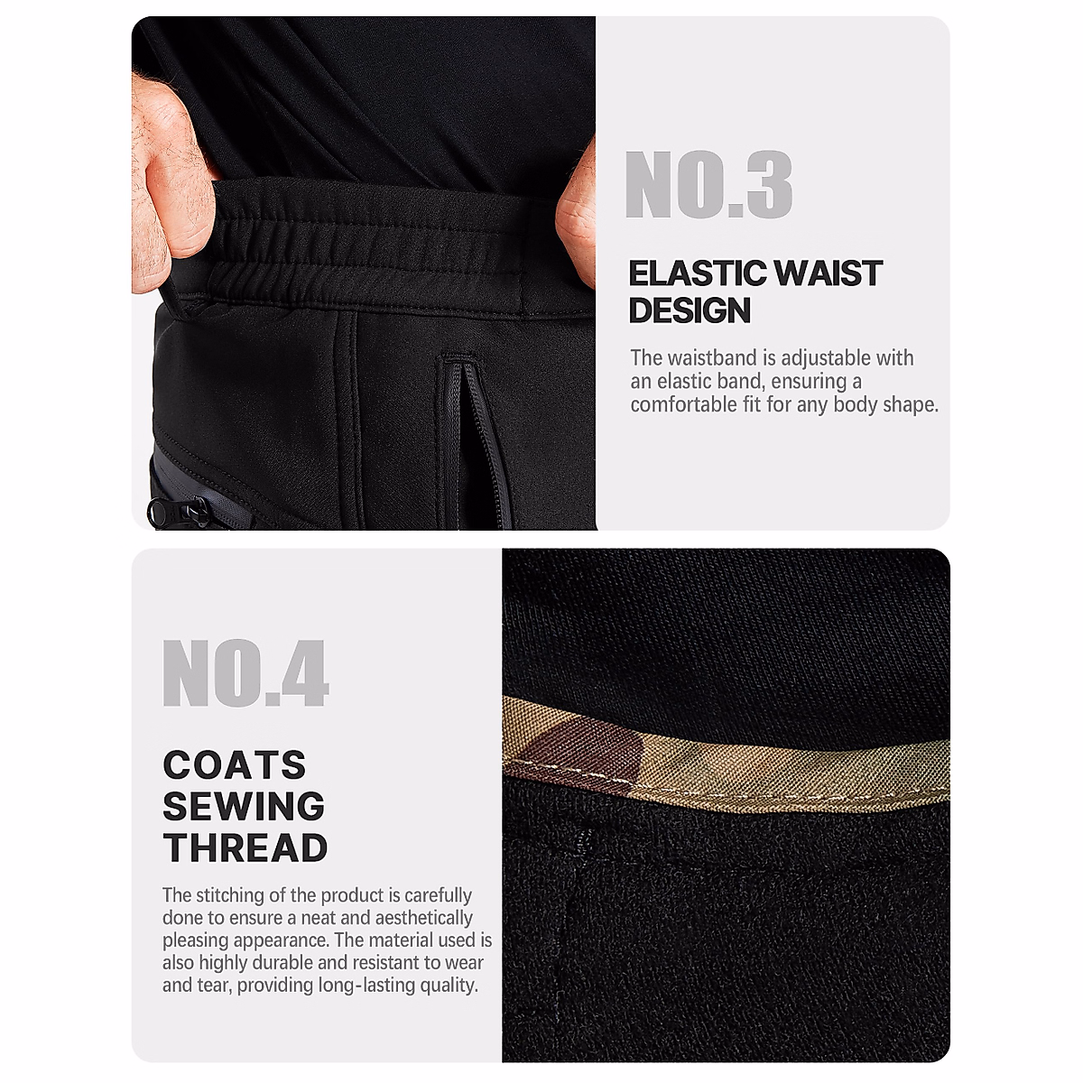 FREE SOLDIER Men's Outdoor Softshell Fleece Lined Cargo Pants Snow Ski Hiking Pants with Belt (Black 32W/34L)