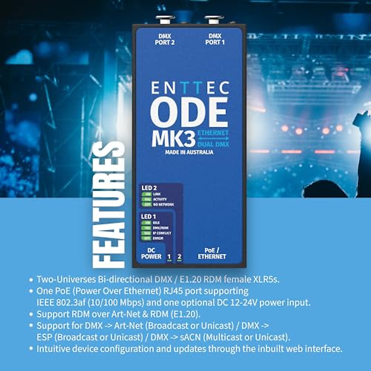 Enttec ODE Mk3 70407 POE 2 Universe Dual DMX / RDM Ethernet Converter Interface