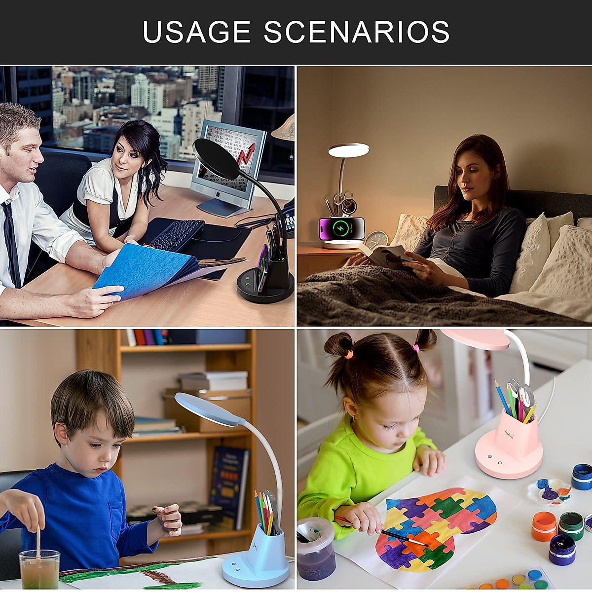 Vicsoon LED Desk Lamp with Wireless Charger, Desk Lamp for Home Office with Pen Phone Holder, Flexible Arm Dimmable 3 Color Modes Eye Caring Small Study Desk Light for College Dorm, 800 Lumens CRI 90