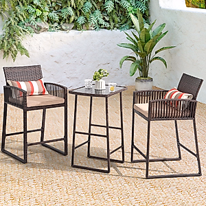 SUNSITT 3-Piece Outdoor Wicker Bar Height Table Set, 2 Bar Stools and 1 Pub Table with 2 Striped Pillows, Seat Cushions, Steel Frame