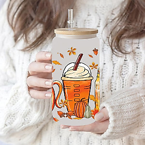 Thanksgiving UV DTF Cup Wrap Transfer for Glass 16oz, Fall Autumn Theme Harvest Pumpkin Maple Leaf Rub on Transfers Stickers Decals for Glass Cups Wood Furniture DIY Waterproof Crafts