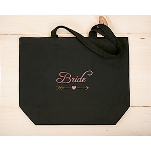 ELEGANTPARK Bridal Shower Gifts for Bride Bag Cotton Bride Gifts Wedding Gifts for Bride Tote Bag with Pocket Canvas Shoulder Bag Black with Pink Embroidery