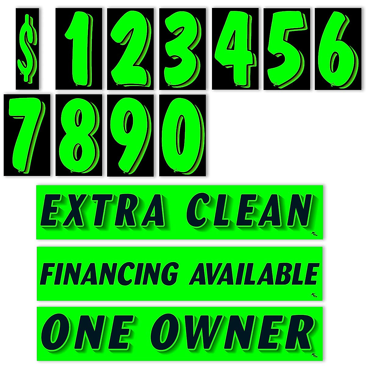 VERSA-TAGS 7.5" Black/Green Vinyl Number Decals 11 Dozen Set Windshield Pricing & 1 Pack of Each of Extra Clean, Financing Available, One Owner 14.5" x 2.75" Sticker Windshield Decal Auto Dealership