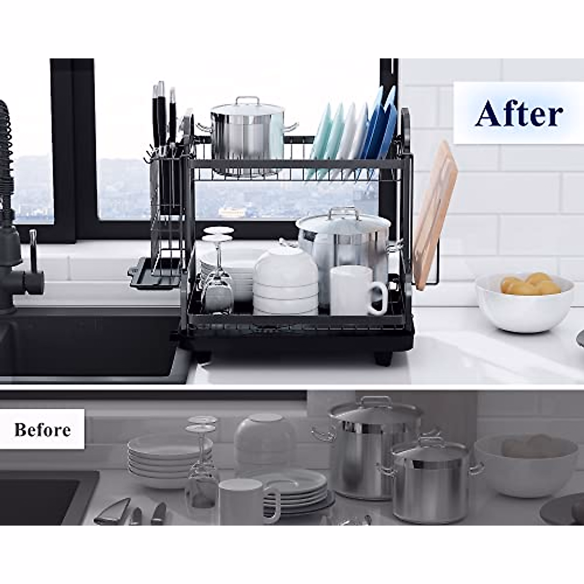 Kitsure Dish Drying Rack -Multifunctional Dish Rack, Rustproof Kitchen Dish Drying Rack with Drainboard & Utensil Holder, 2-Tier Dish Drying Rack with a Large Capacity for Kitchen Counter