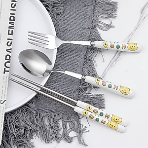 Pooh Portable Camp Reusable Flatware Cute Pooh Bear Travel Utensils Case with Stainless Steel Fork Spoon Chopsticks(SCF-Pooh)