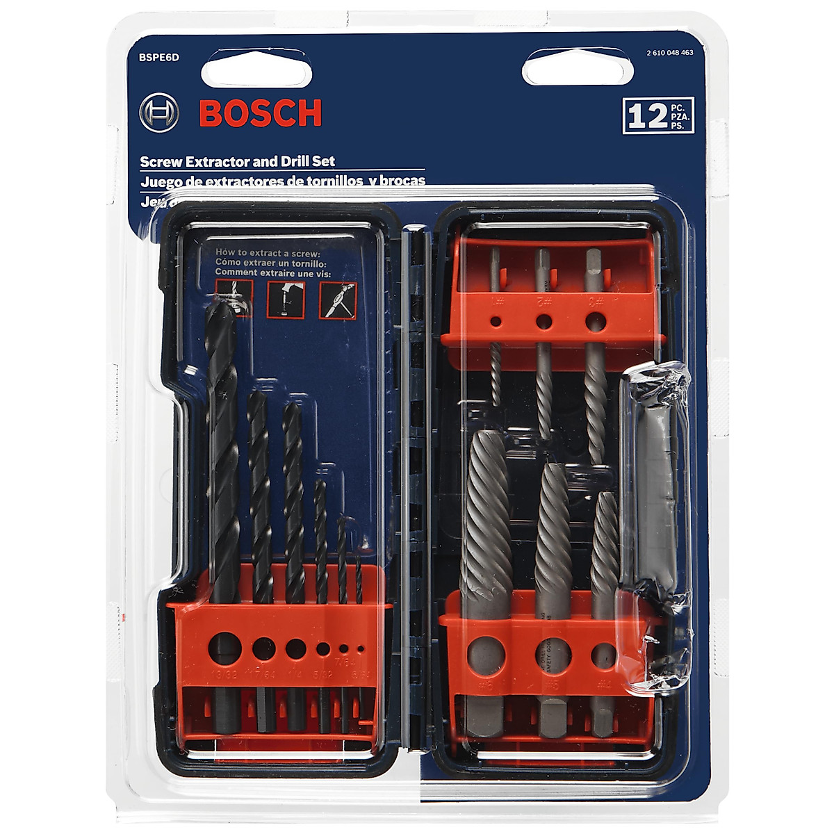 BOSCH BSPE6D 12-Piece Assorted Set Spiral Flute High-Carbon Steel Screw Extractor & Black Oxide Drill Bits Ideal for Removing Stripped Screws, Bolts, Fasteners