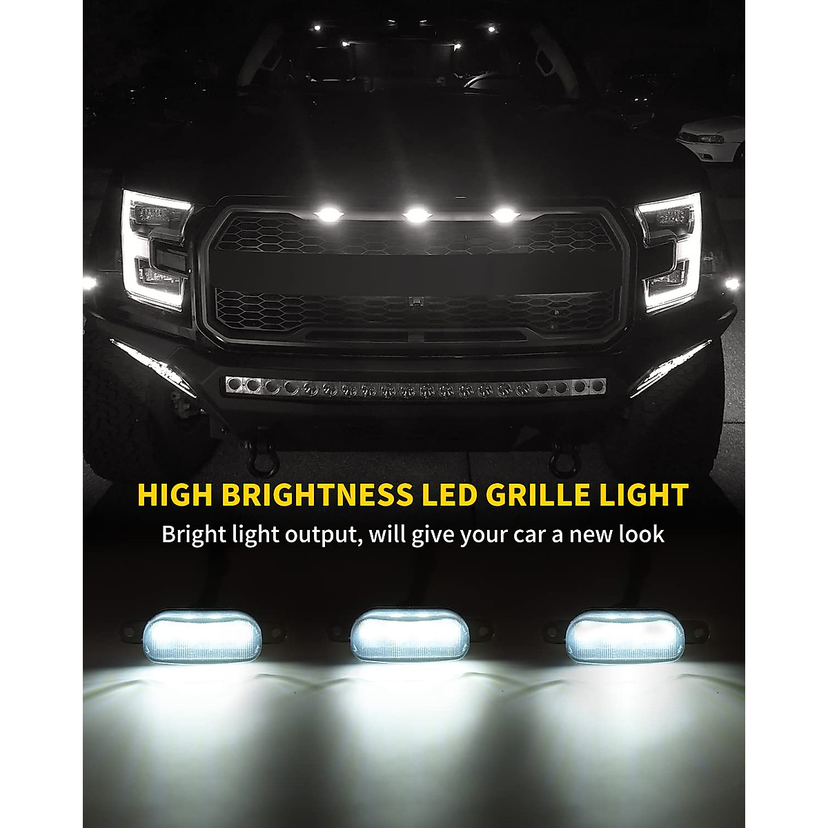 MEALAM White LED Lights 3PCS Front Grille Raptor Lamps Car Accessories with Harness and Fuse, Compatible with 2004-2019 for-d F150 & 2013-2018 Ram 1500 Raptor Style Aftermarket Grille