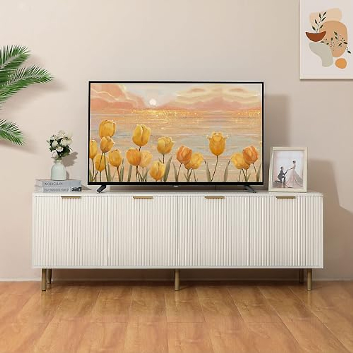 Furniwood TV Stand for 80 Inch TV, Entertainment Center TV Stand with 4 Large Drawers, Mid Century Modern TV Stand for Living Room, Media TV Console Table with Storage for Bedroom, Warm White