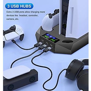 PS5 Stand with Cooling Station PS5 Controller Charging Station for Playstation 5 PS5 Console Edition, PS5 Accessories-Cooler Fan/Remote Charger/Headset Holder(Not Fit 2023 PS5 Slim Disc/Digital)