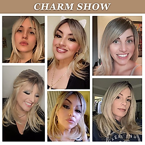 HAIRCUBE Blonde Wigs Shoulder Length Layered Wigs Long Curly Wigs for Women 18 Inch Wigs with Bangs