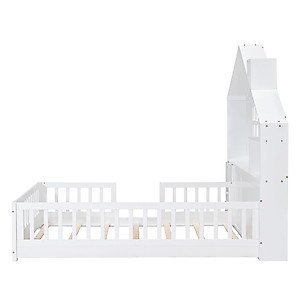 Mirightone Montessori Floor Bed with Rails Full Size Kids Bed Frame with Storage Drawers and Shelves Wood Platform Bed with House-Shaped Headboard and Charging Station, White