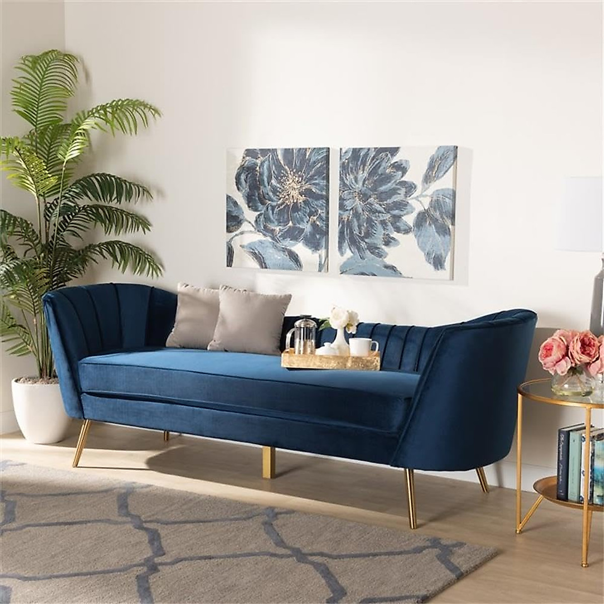 Baxton Studio Kailyn Glam and Luxe Navy Blue Velvet Fabric Upholstered and Gold Finished Sofa