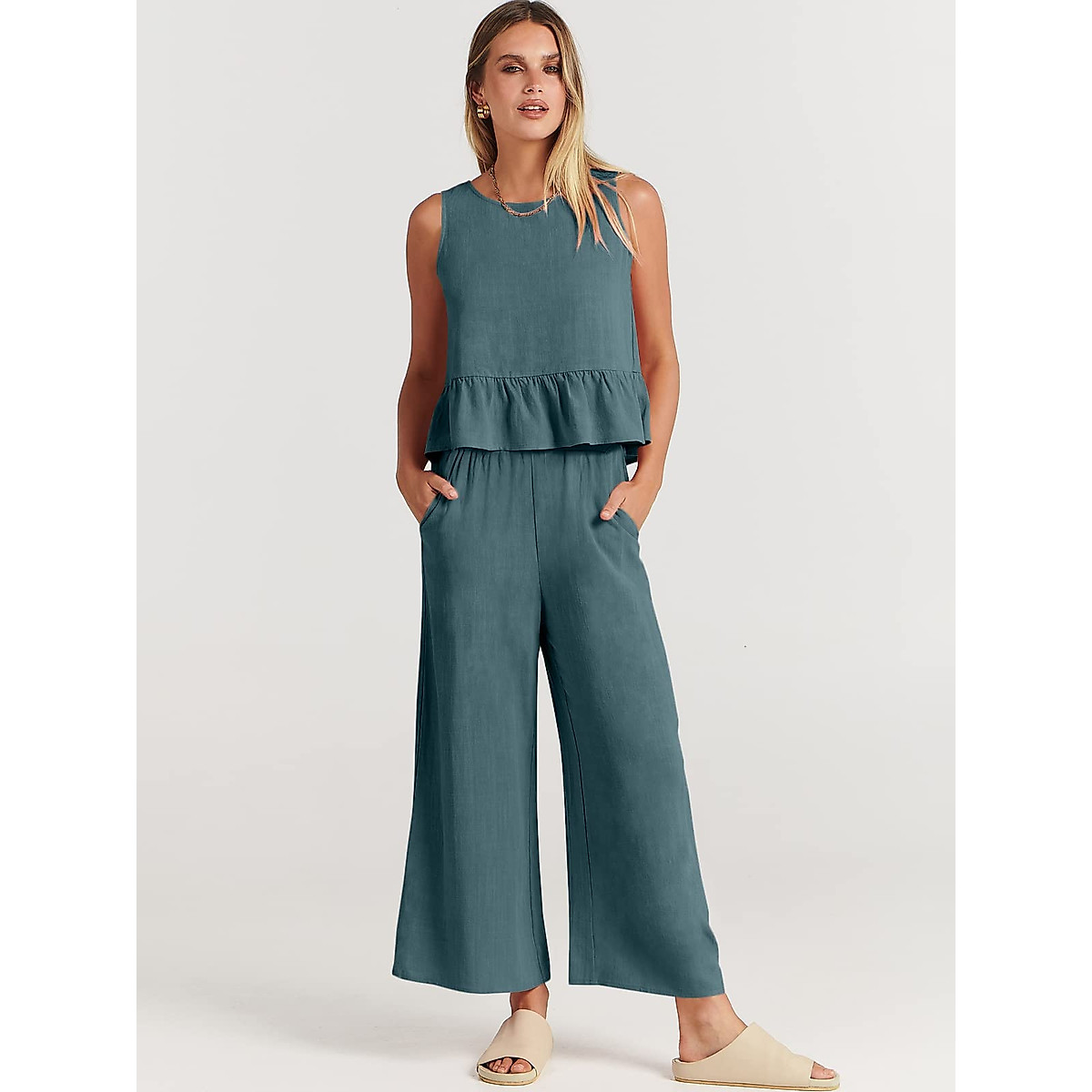ANRABESS Women Summer 2 Piece Outfits Sleeveless Tank Crop Top Wide Leg Pants Linen Jumpsuits Lounge Matching Beach Sets Cyan Blue Large